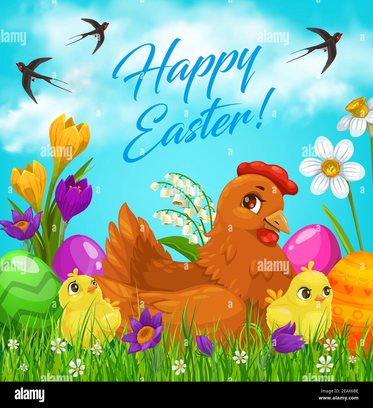 Easter eggs and chicks, vector Easter egg hunt holiday. Chicken and ...