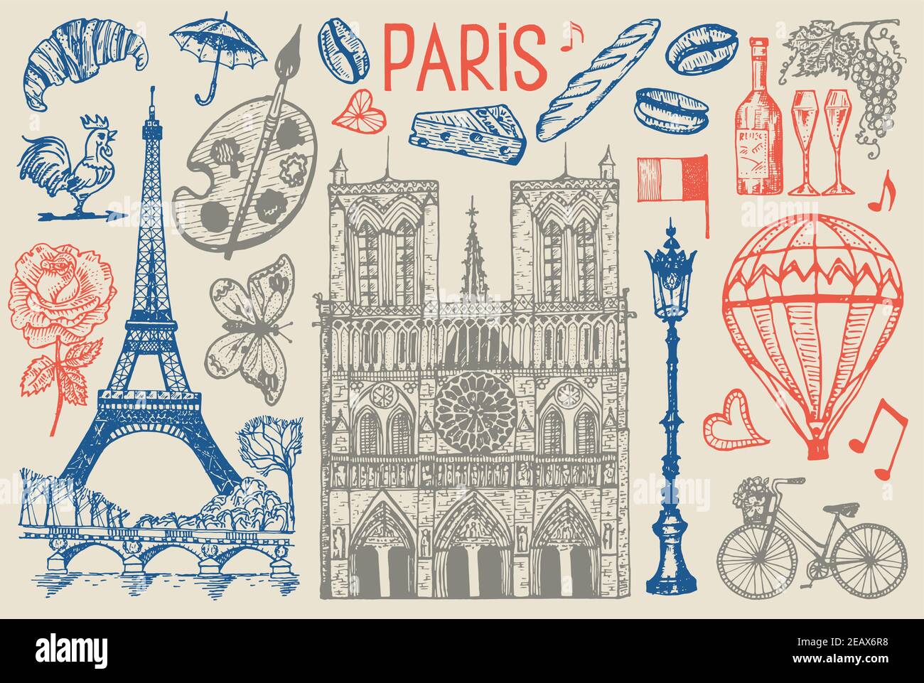 Paris set in vintage retro style. France, eiffel tower and buildings ...