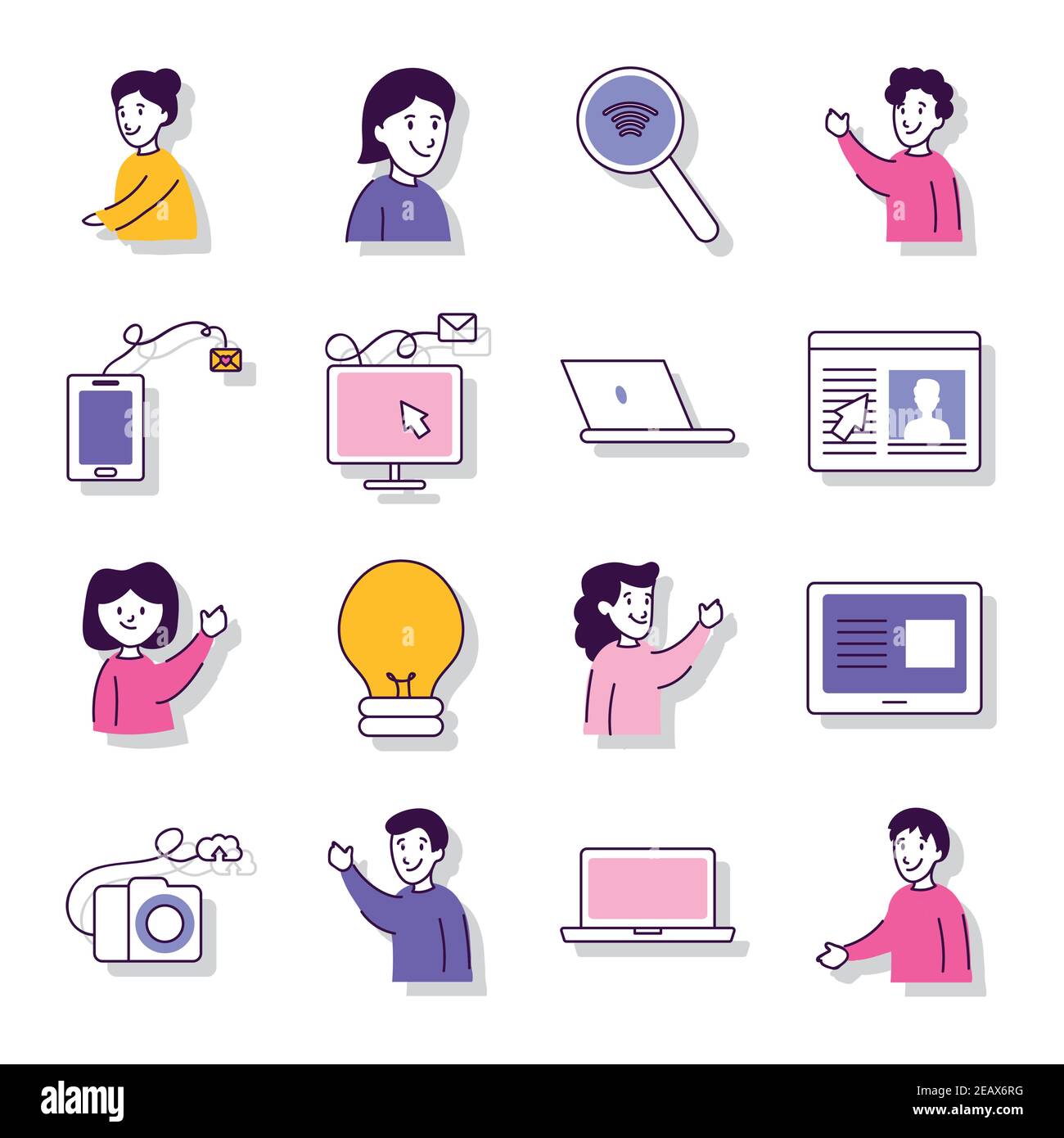 people and technology icon set over white background, colorful design ...