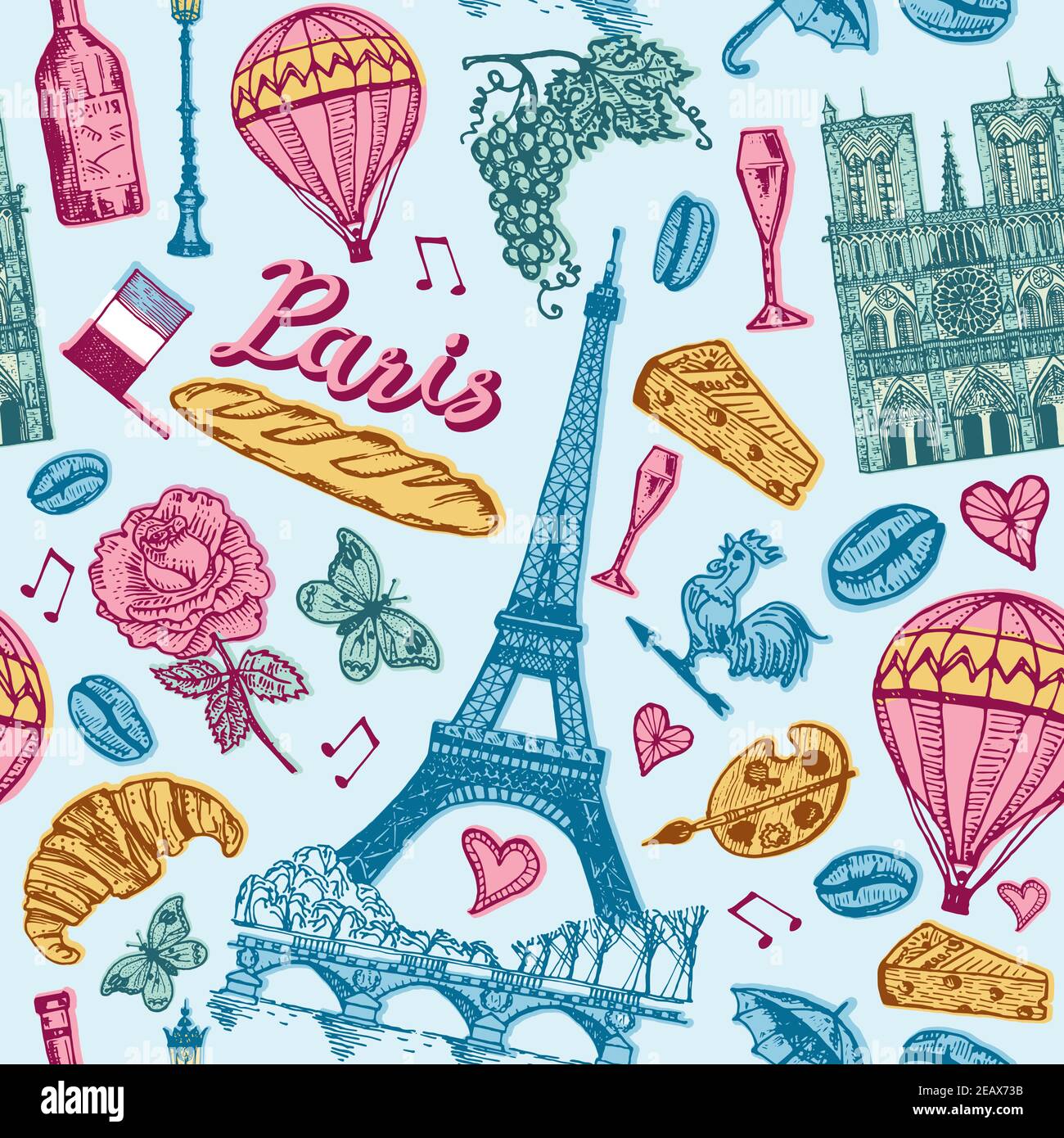 Paris seamless pattern in vintage retro style. France, eiffel tower and ...