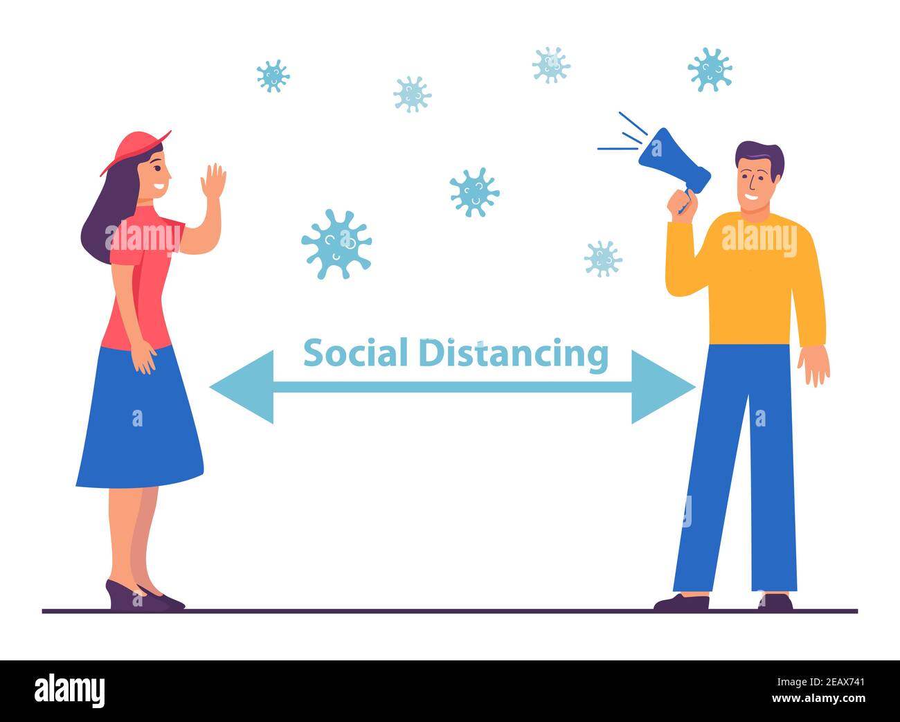 Safe space between people.Guy holds loudspeaker.Cartoon characters flat ...