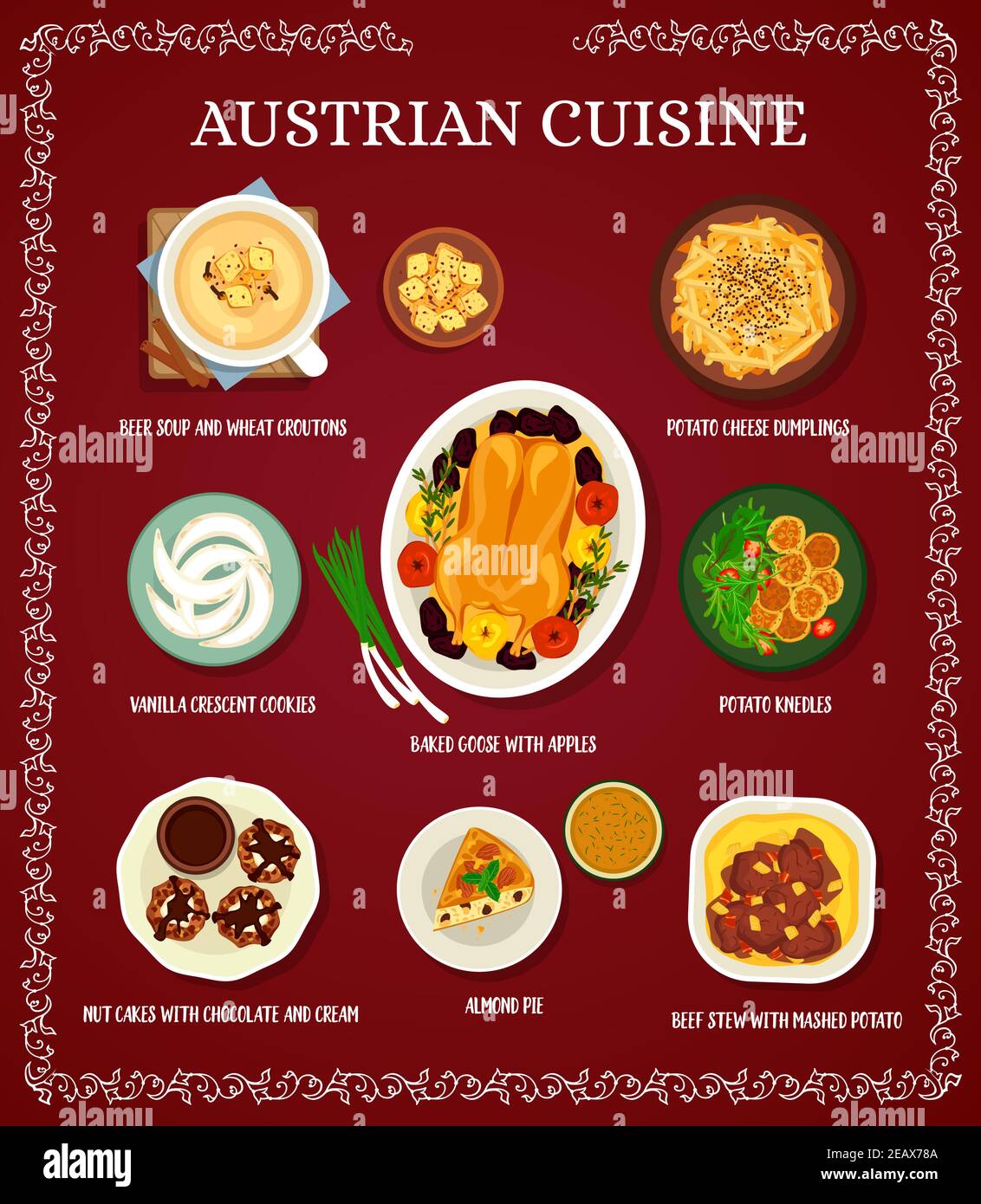 Austrian cuisine menu with meat meals and dessert. Beef stew, almond ...