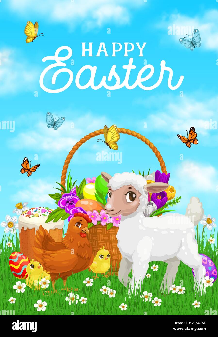 Happy easter greeting card template with lamb baby, hen and chicks on ...
