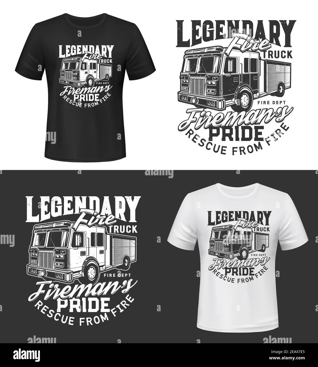 Firetruck, fire truck or engine t-shirt print vector mockup ...