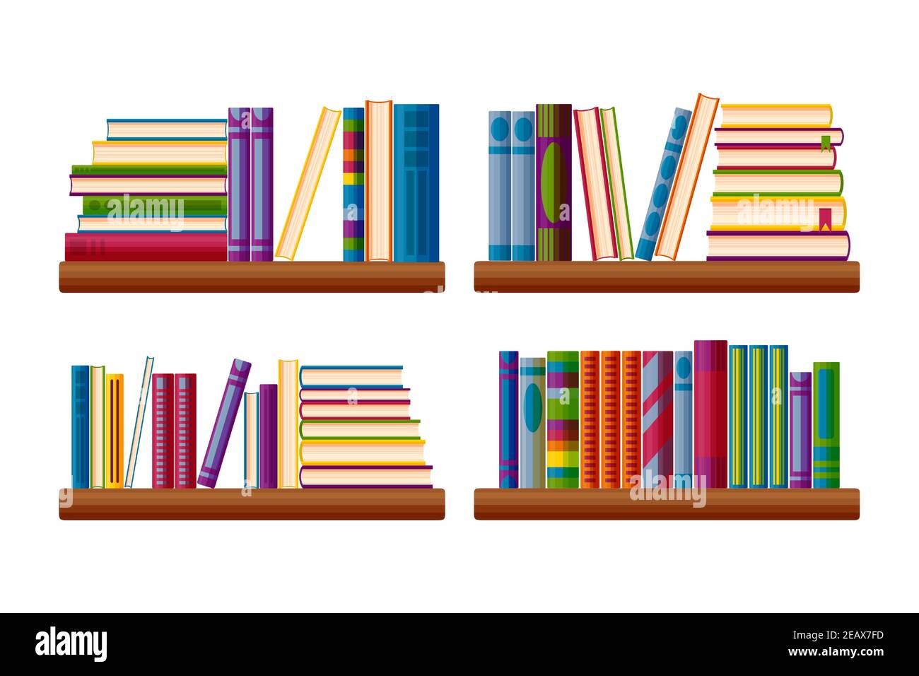 Bookcase shelves set. Bestseller books stack in cartoon style. Vector ...