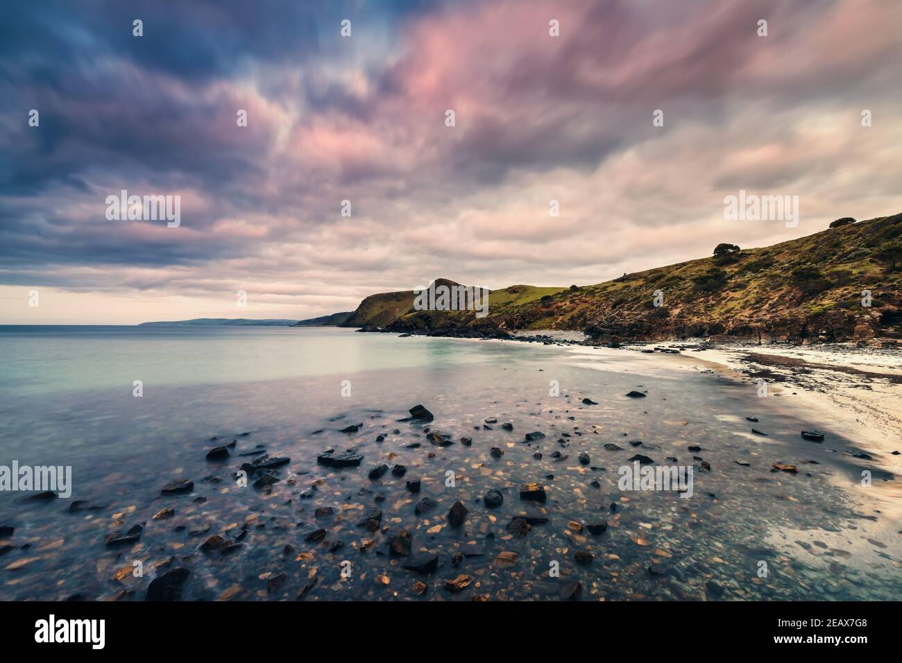 Second Valley beach with rugged coastline at dusk in South Australia ...