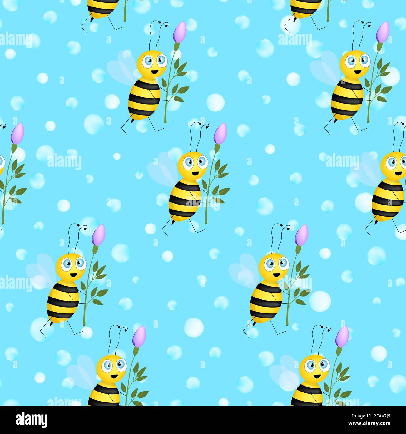 Seamless pattern with bees on blue polka dots background. Adorable ...