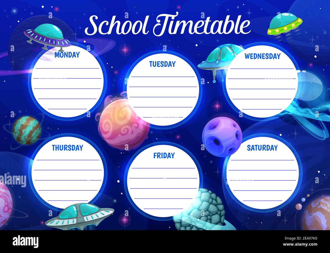 Education school timetable vector template with cartoon ufo saucers and ...