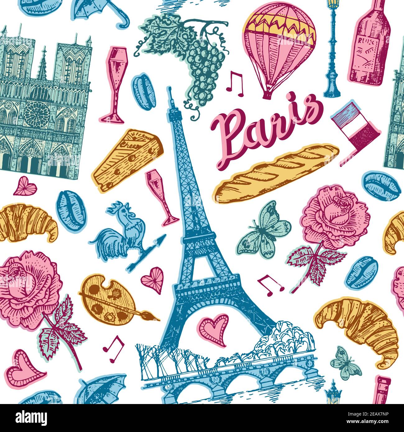 Paris seamless pattern in vintage retro style. France, eiffel tower and ...