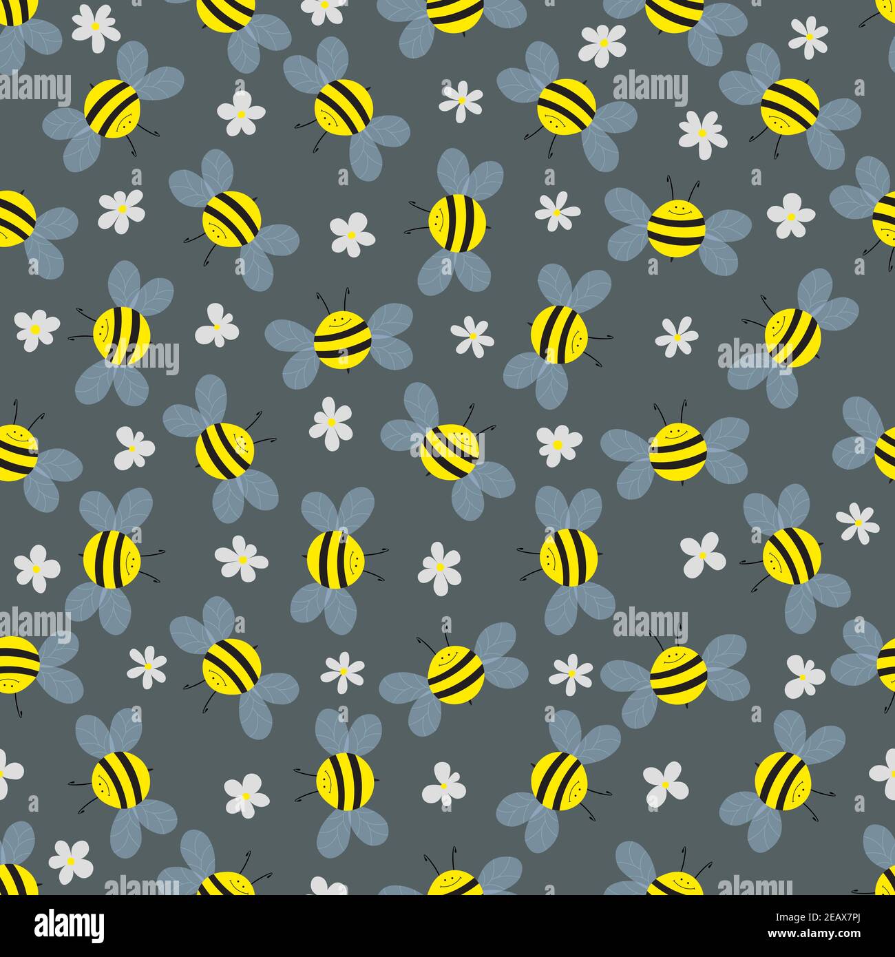 Seamless pattern with bees and flowers on grey background. Adorable ...
