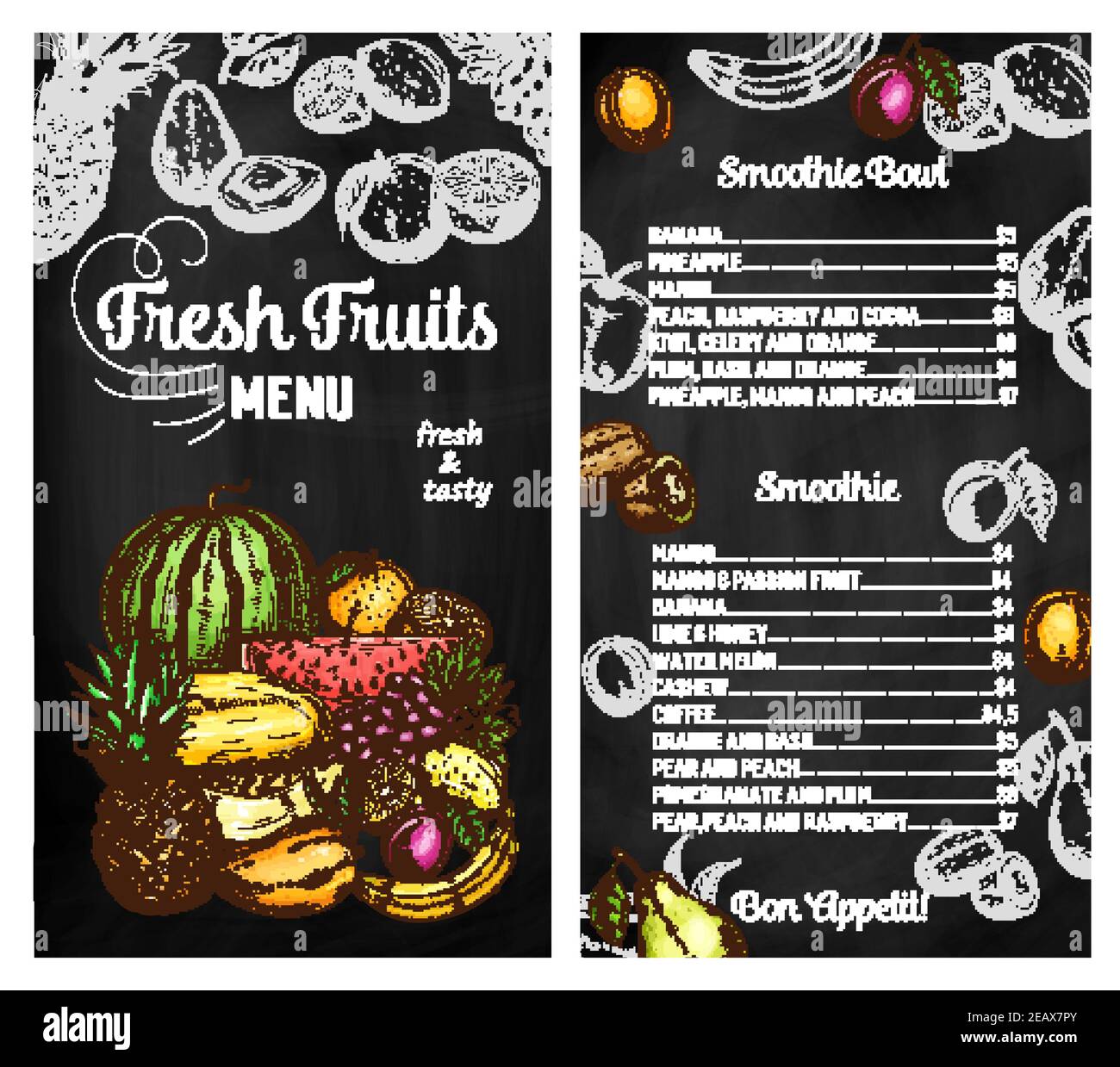 Fresh fruits vector sketch menu for smoothies natural drinks. Banana ...