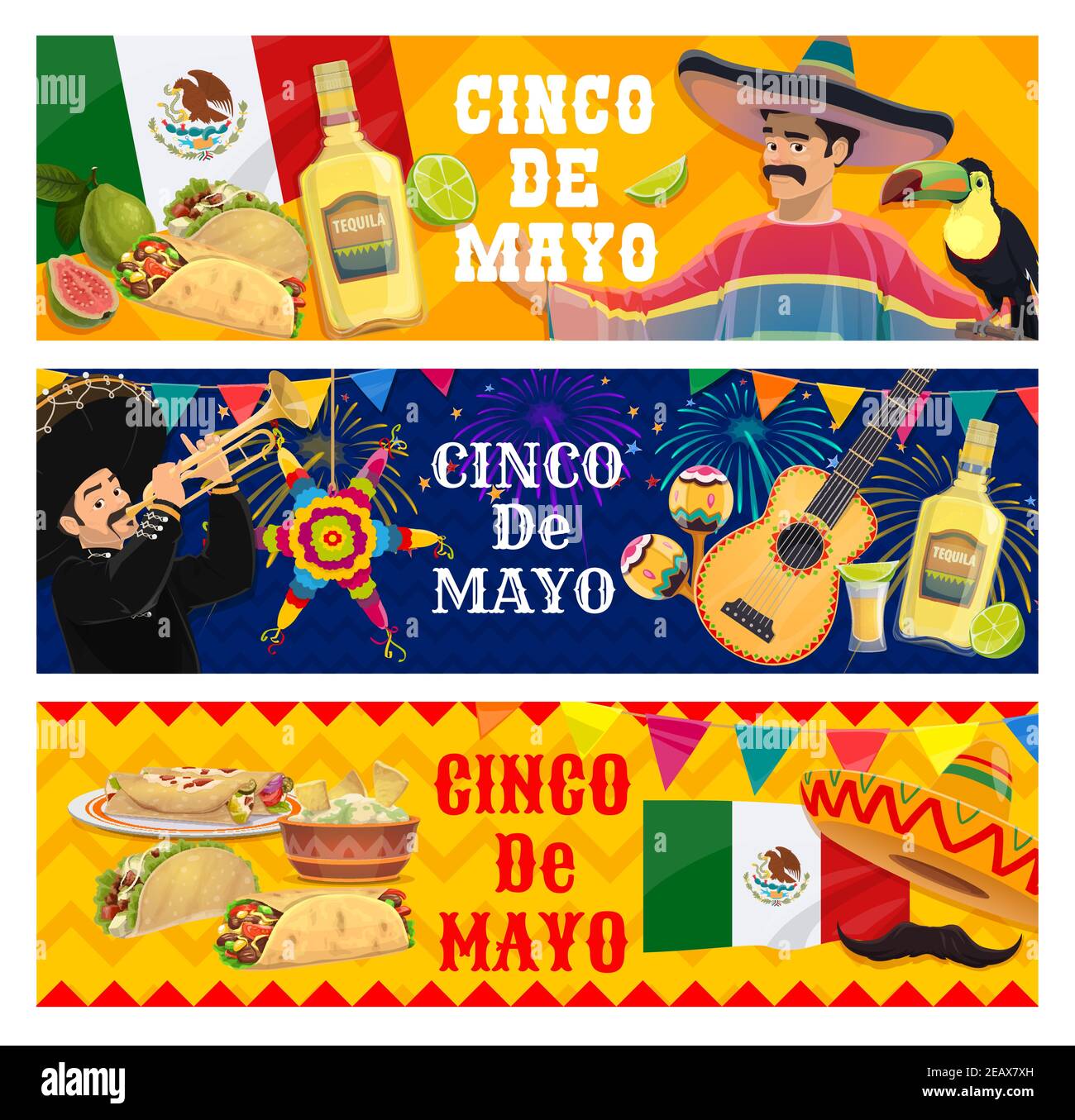 Cinco de Mayo vector banners. Mariachi musician in sombrero playing ...