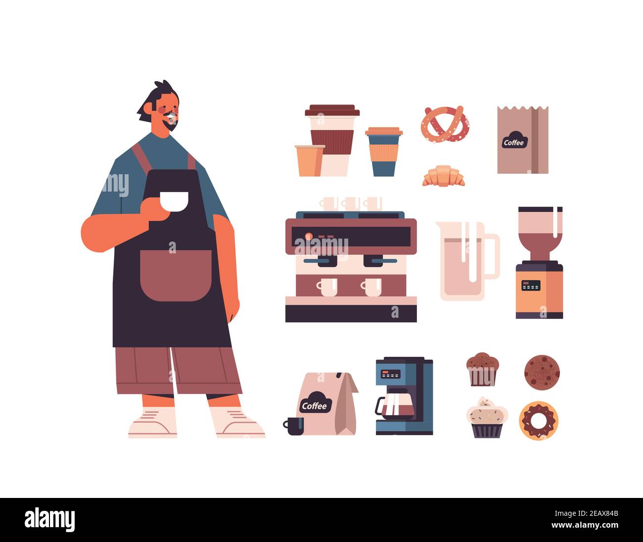 set coffee shop tools and accessories with male barista in uniform ...