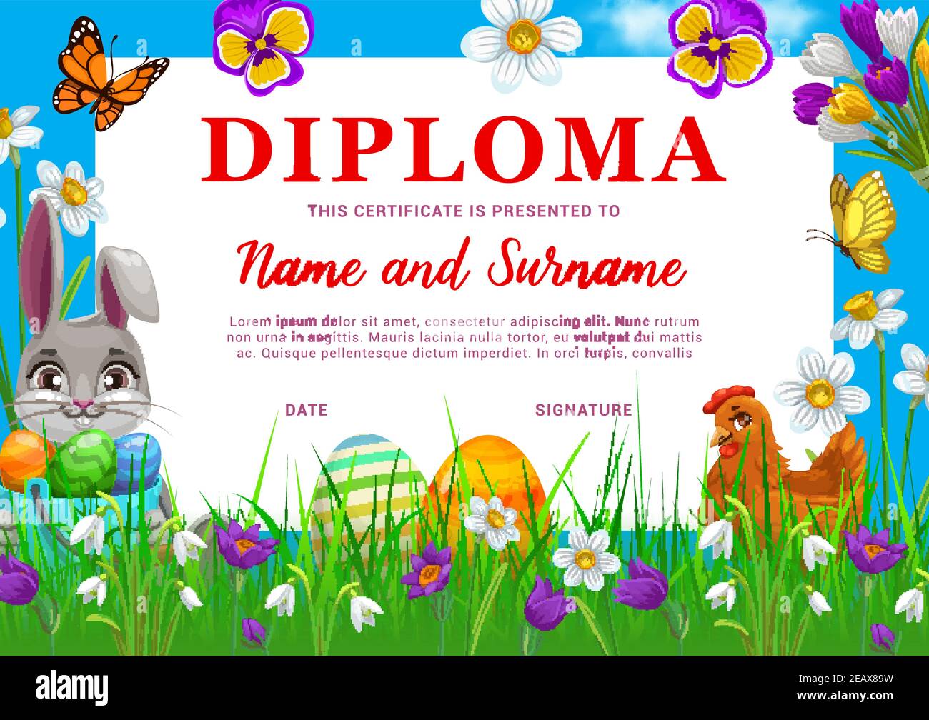 Diploma or certificate with Easter eggs and bunny, vector kids ...