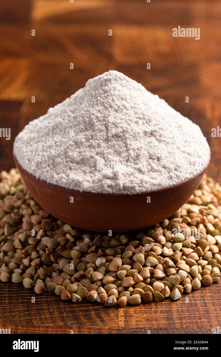 Buckwheat Flour on a Dark Wooden Butcher Block Stock Photo - Alamy