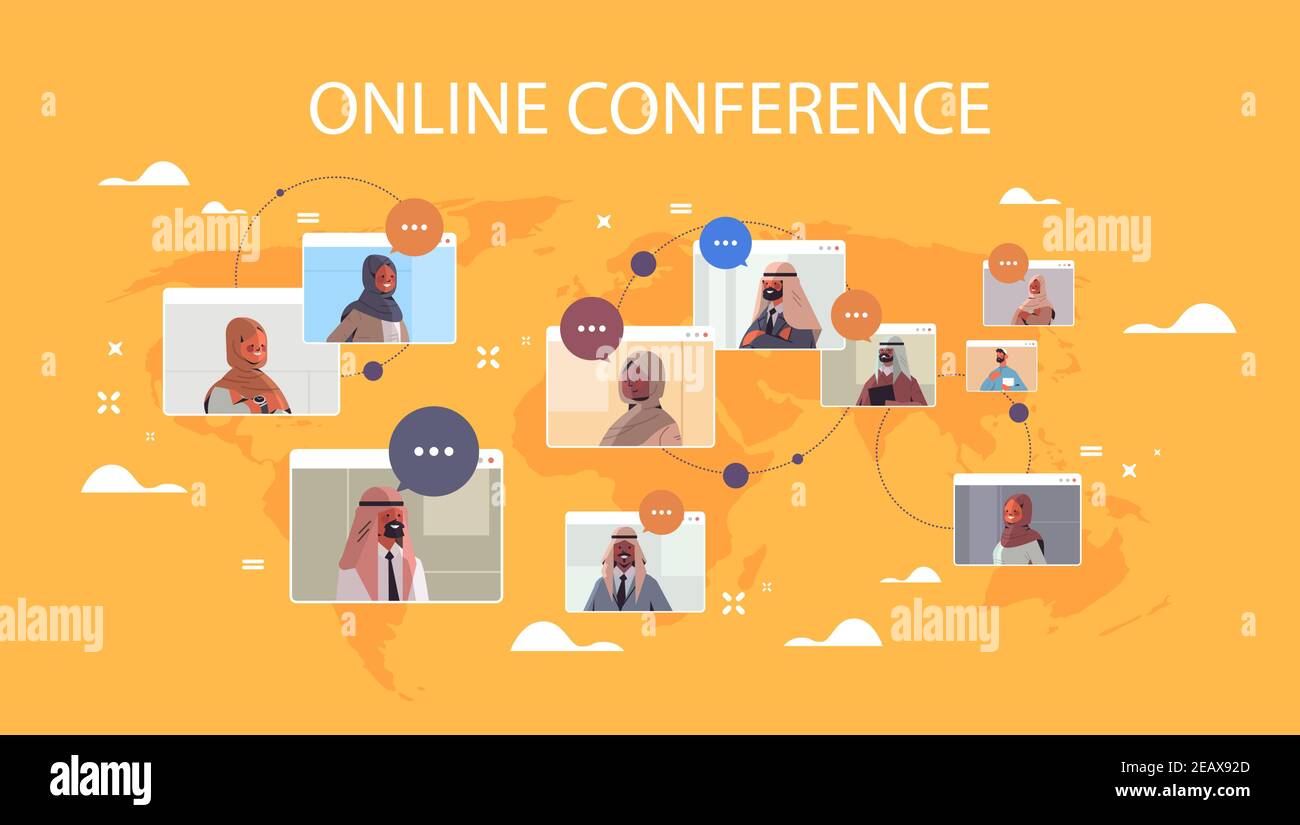 arabic businesspeople in web browser windows discussing during ...
