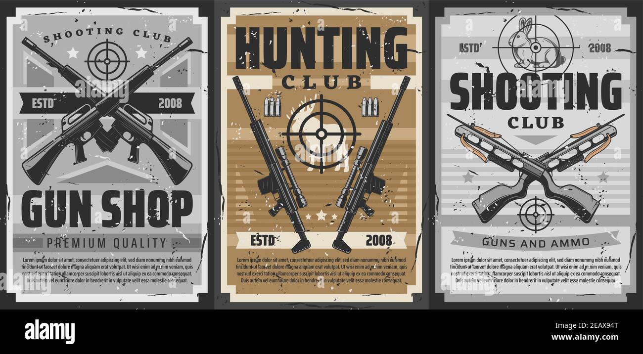 Gun and weapon target retro posters of vector hunting and shooting ...