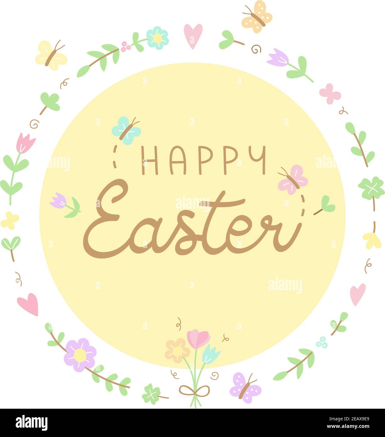 Happy Easter floral wreath vector illustration. Hand drawn flowers ...