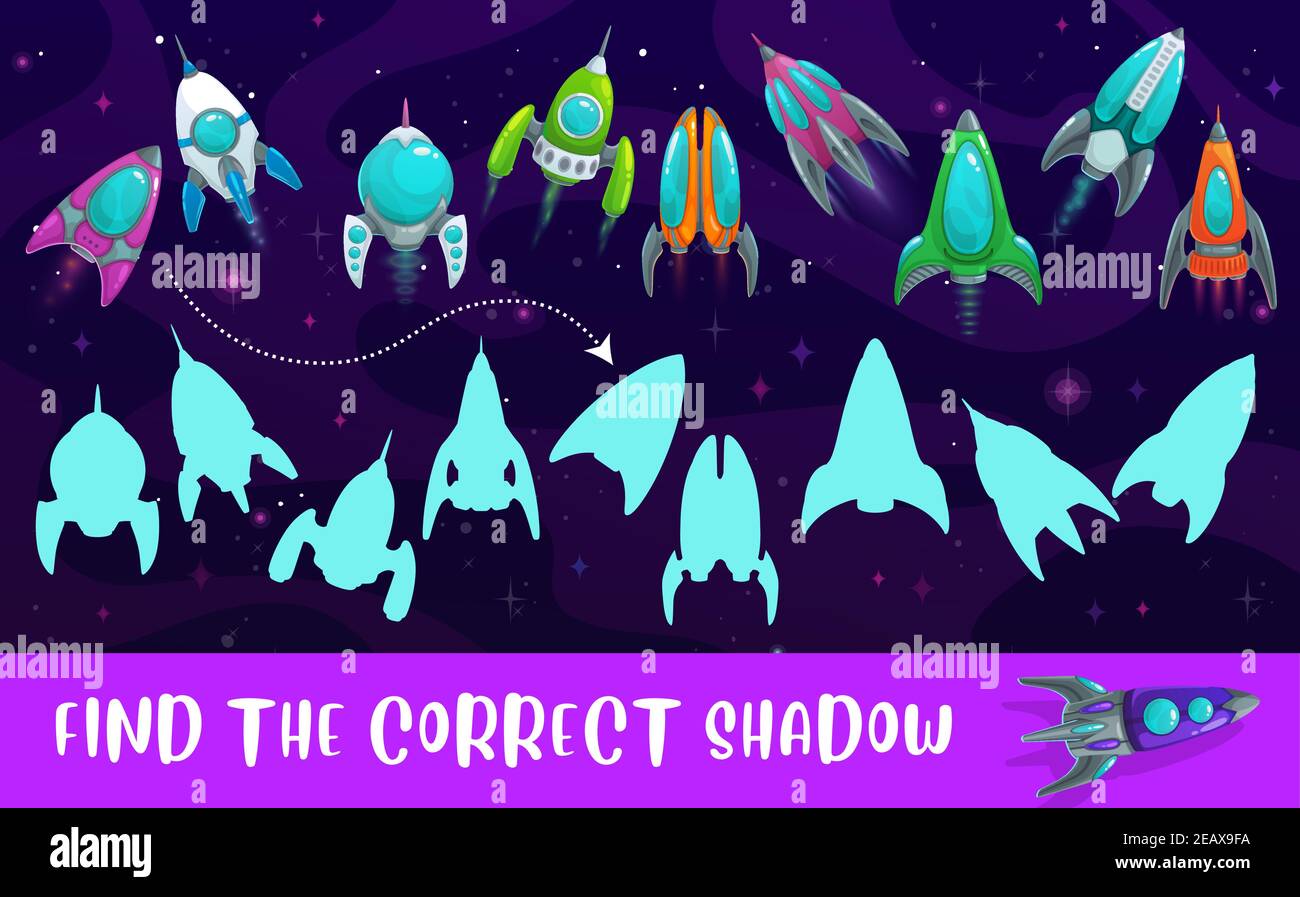 Kids game shadow match with vector rockets, find correct shadow ...