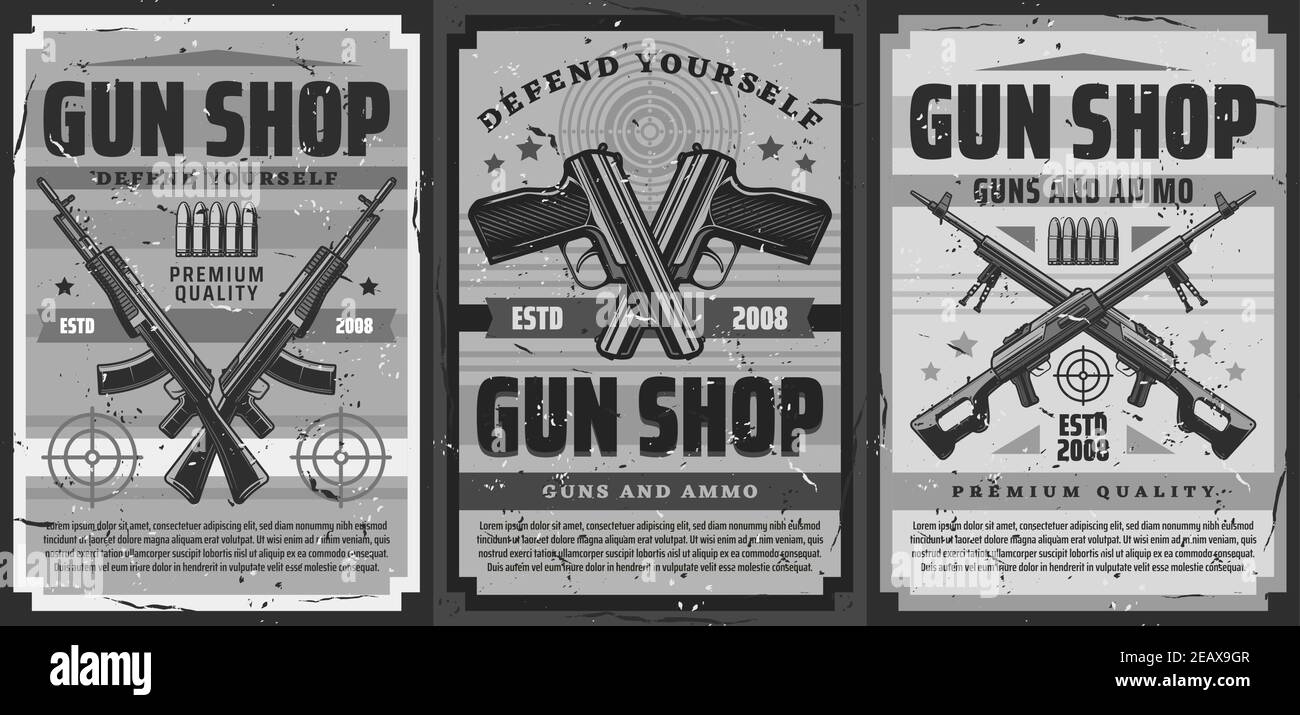 Gun and ammunition shop retro poster. Weapon for self-defense, ammo for ...