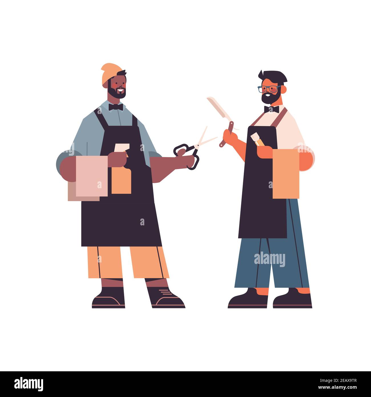 mix race professional male barbers in uniform standing together trendy ...