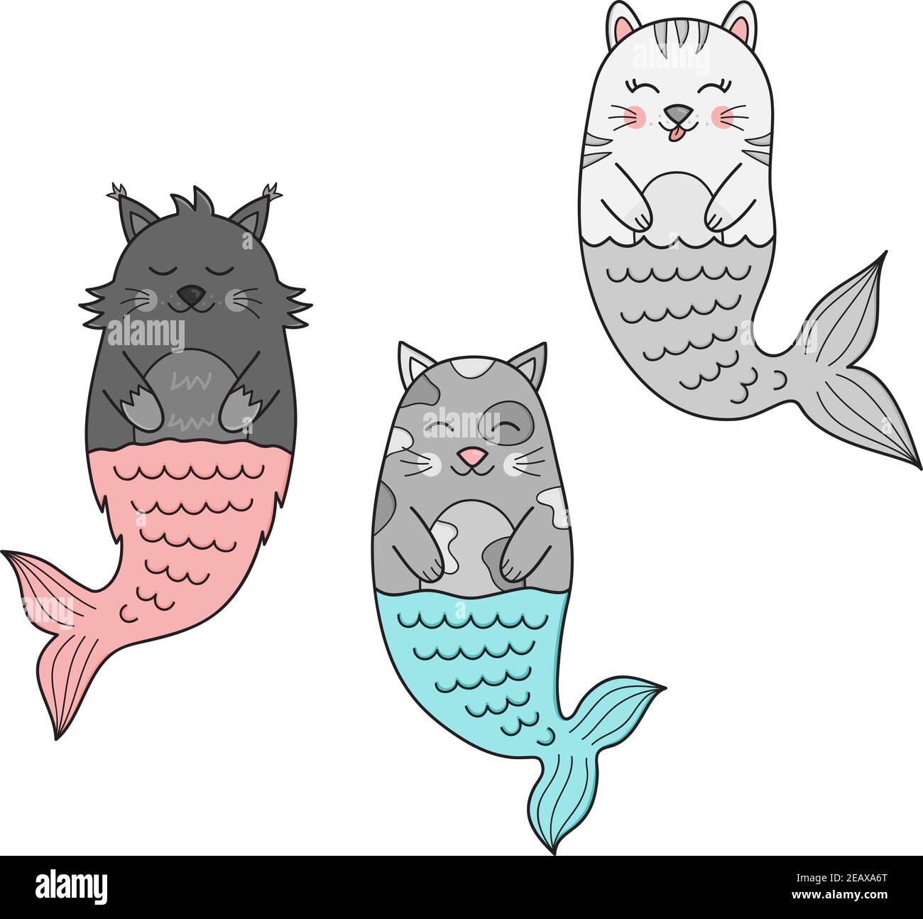 Cute mermaid cat vector illustration set. Hand drawn outlined sea ...