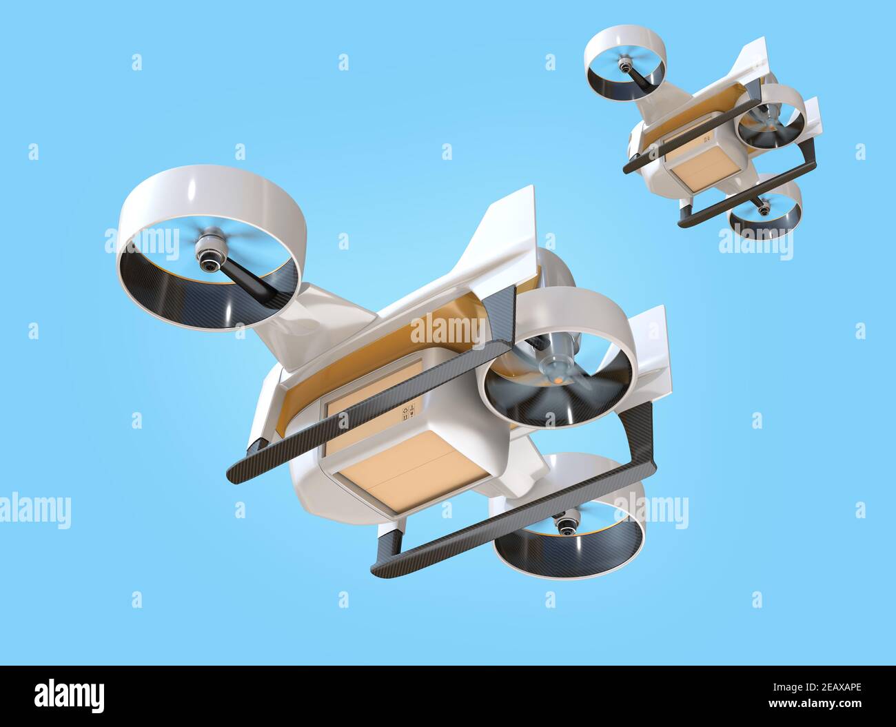 VTOL delivery drones flying in the sky. 3D rendering image Stock Photo ...