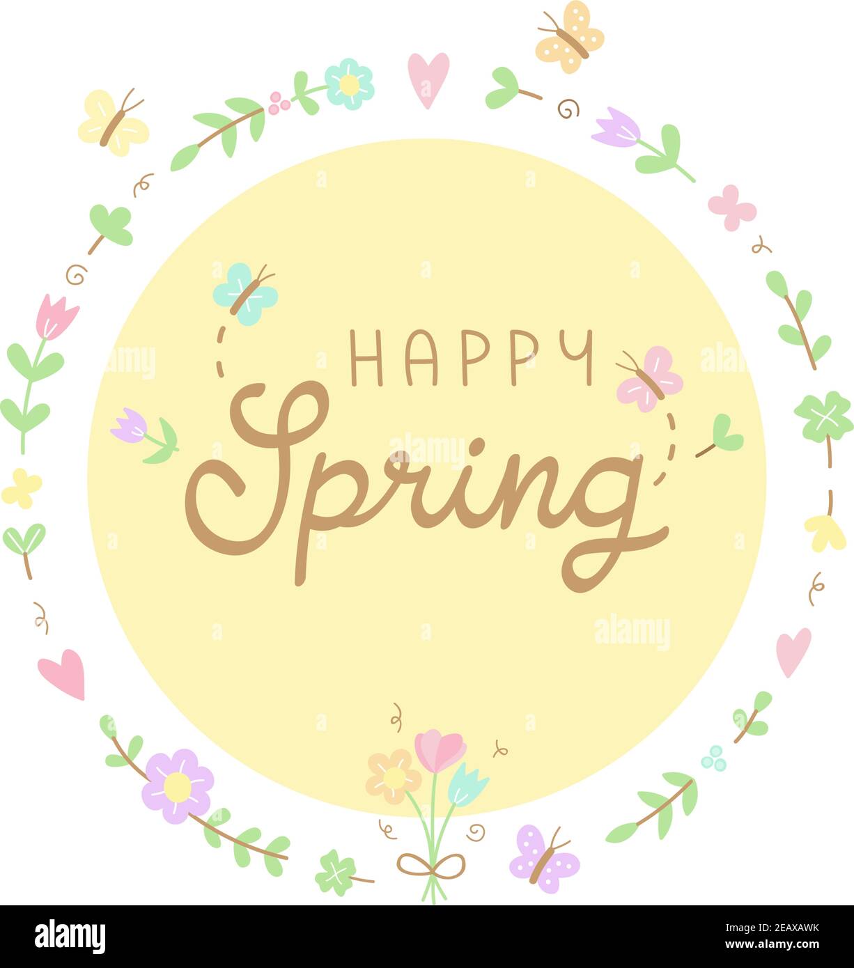 Happy Spring floral wreath vector illustration. Hand drawn flowers ...