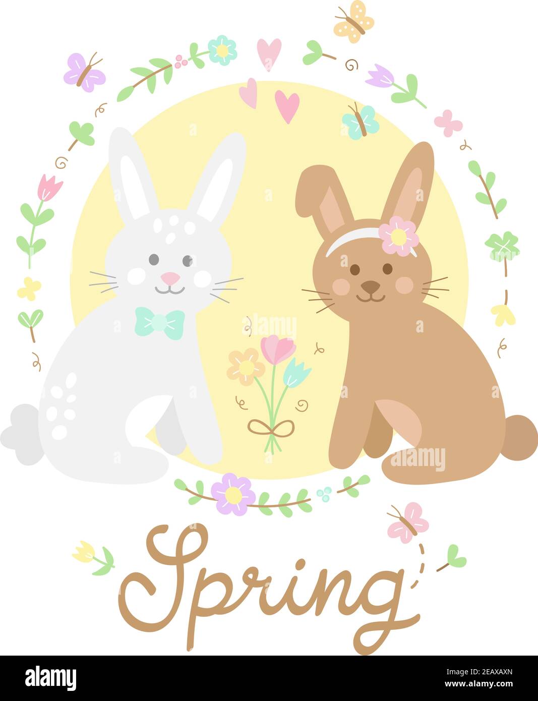 Cute bunnies vector illustration. Hand drawn outlined rabbits in love ...