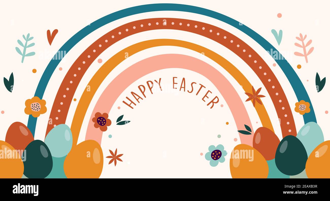 Boho Easter concept design, bunnies, eggs, flowers and rainbows in ...