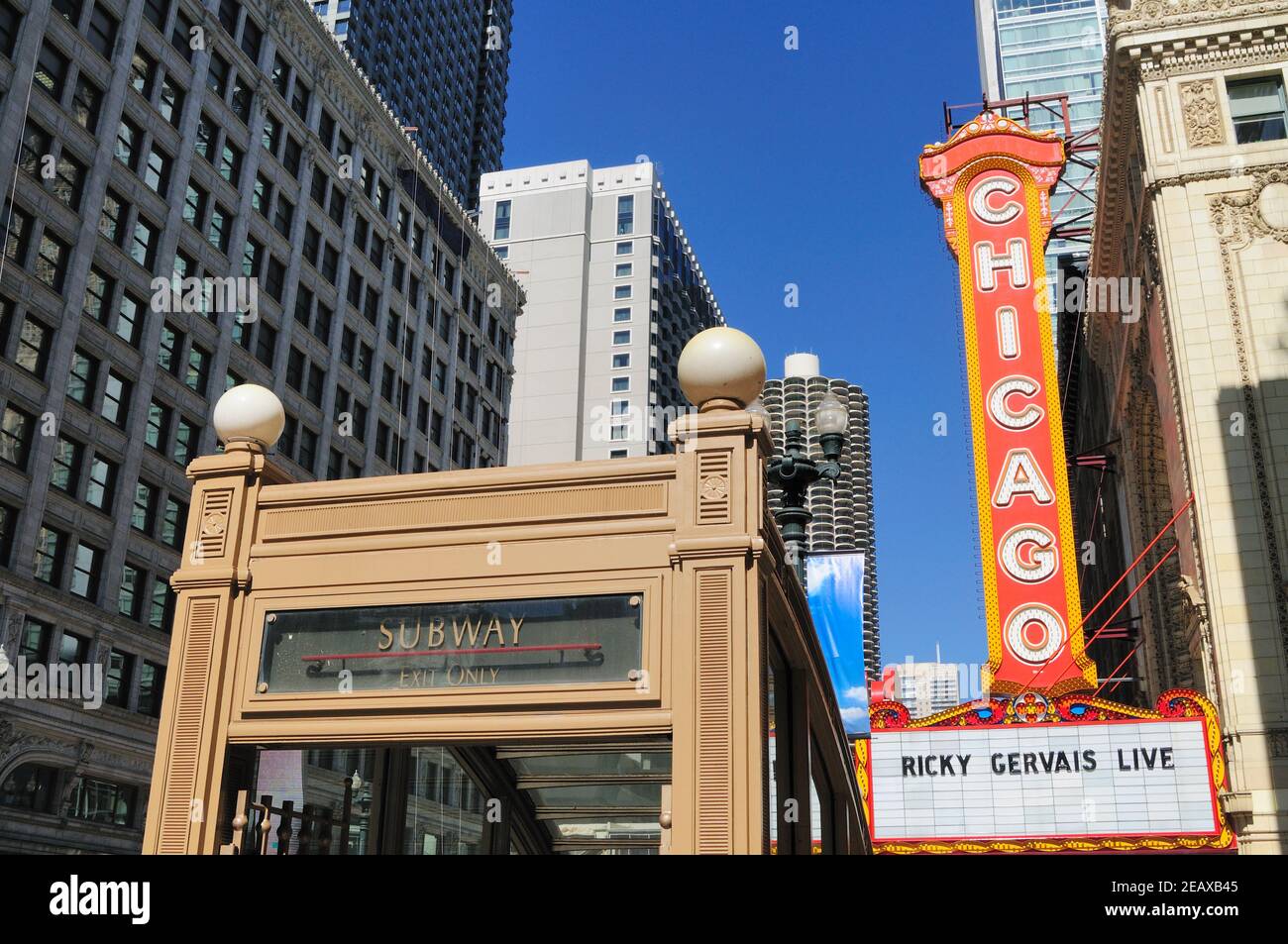 Chicago, Illinois, USA. Two city symbols, a subway exit portal on State ...