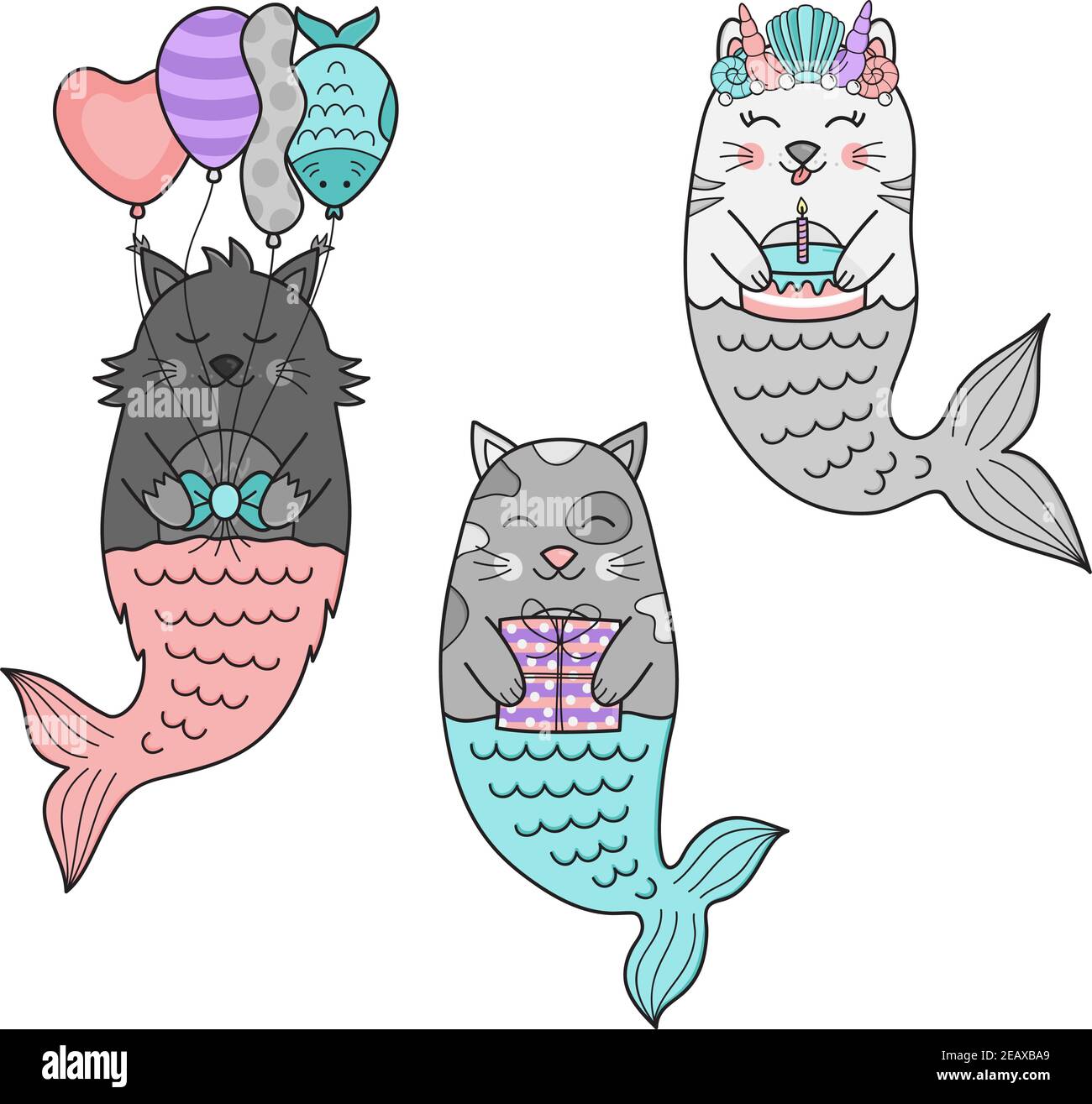 Cute mermaid cat vector illustration set. Hand drawn outlined birthday ...