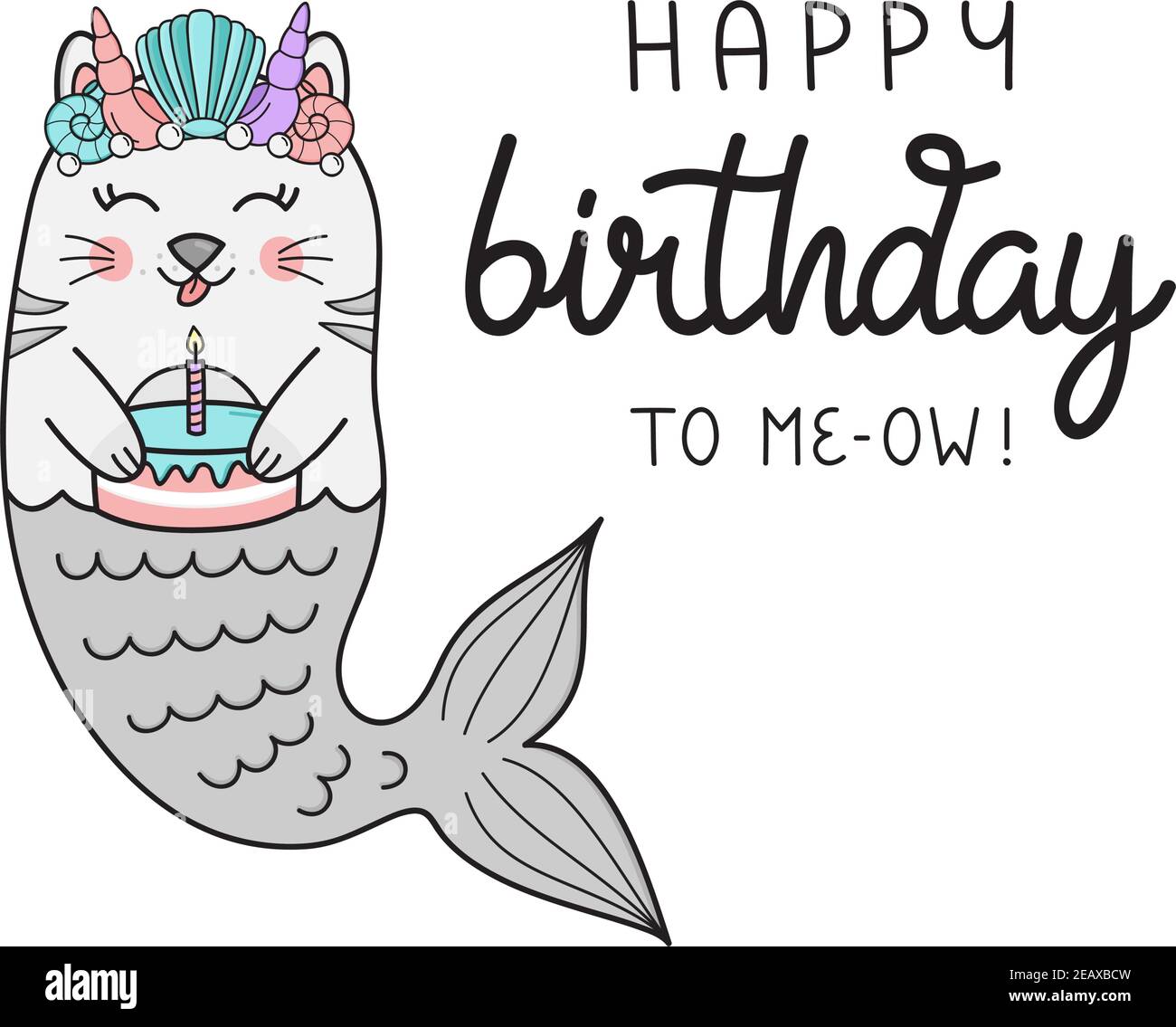 Happy birthday mermaid cat vector illustration. Hand drawn outlined ...