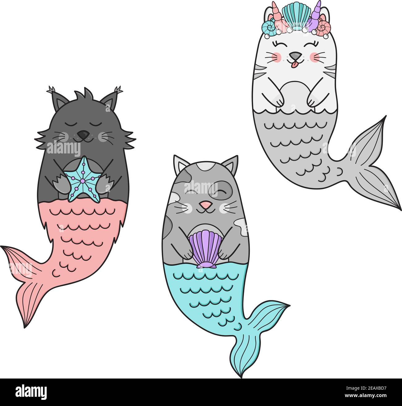 Cute mermaid cat vector illustration set. Hand drawn outlined ...