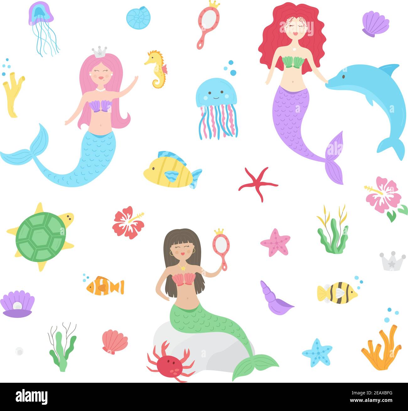 Cute mermaid underwater vector illustration set. Mermaid girls ...