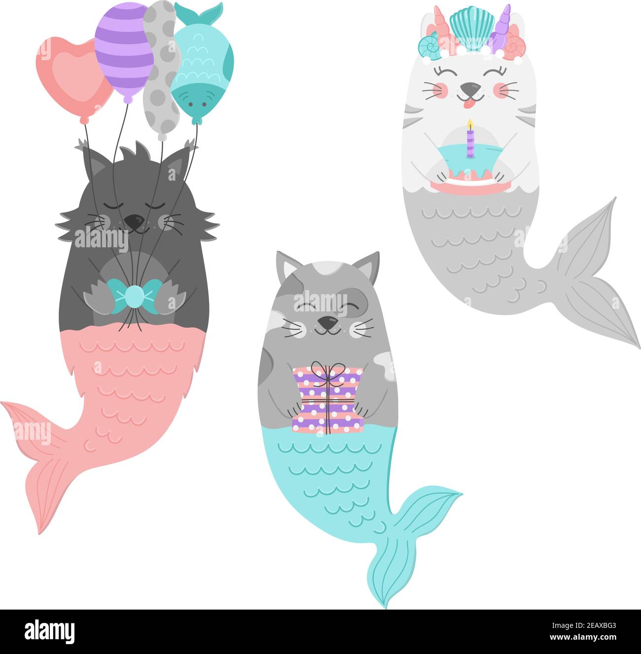 Cute sea mermaid cat vector illustration set. Hand drawn birthday ...