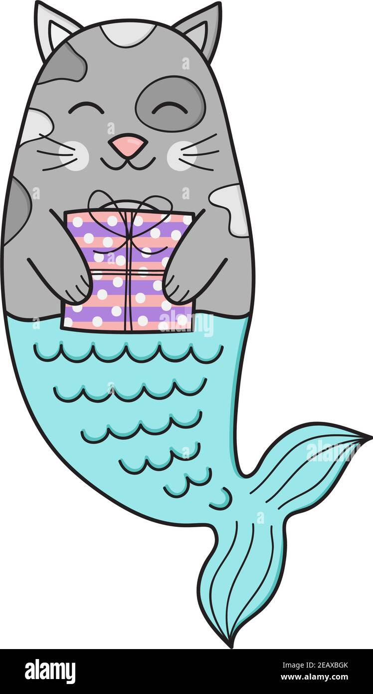 Cute mermaid cat vector illustration. Hand drawn outlined birthday ...