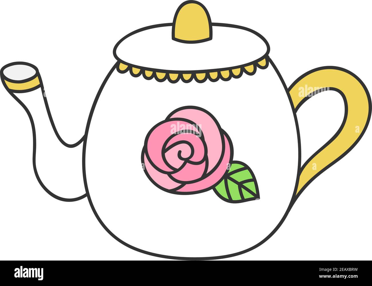 Teapot vector illustration. White teapot with rose and gold details ...