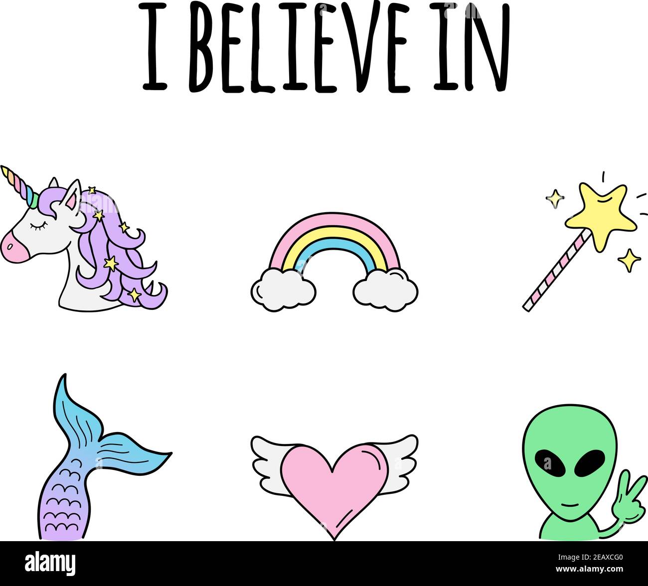 I believe in vector illustration design. Hand drawn icons of unicorn ...
