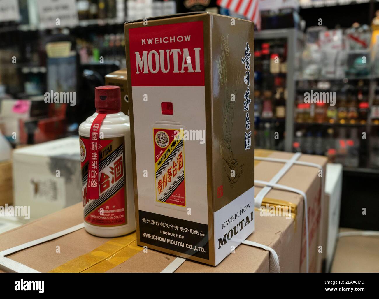 Bottle of Kweichow Moutai liquor on display at Ocean Wine and Spirits ...