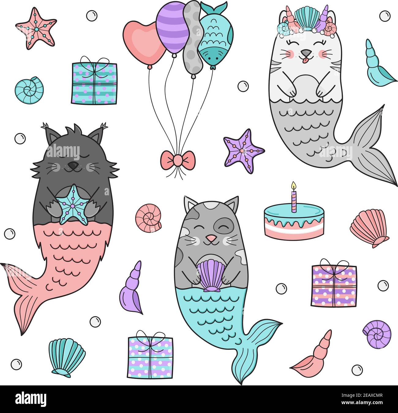 Cute mermaid cat vector illustration set. Hand drawn outlined birthday ...