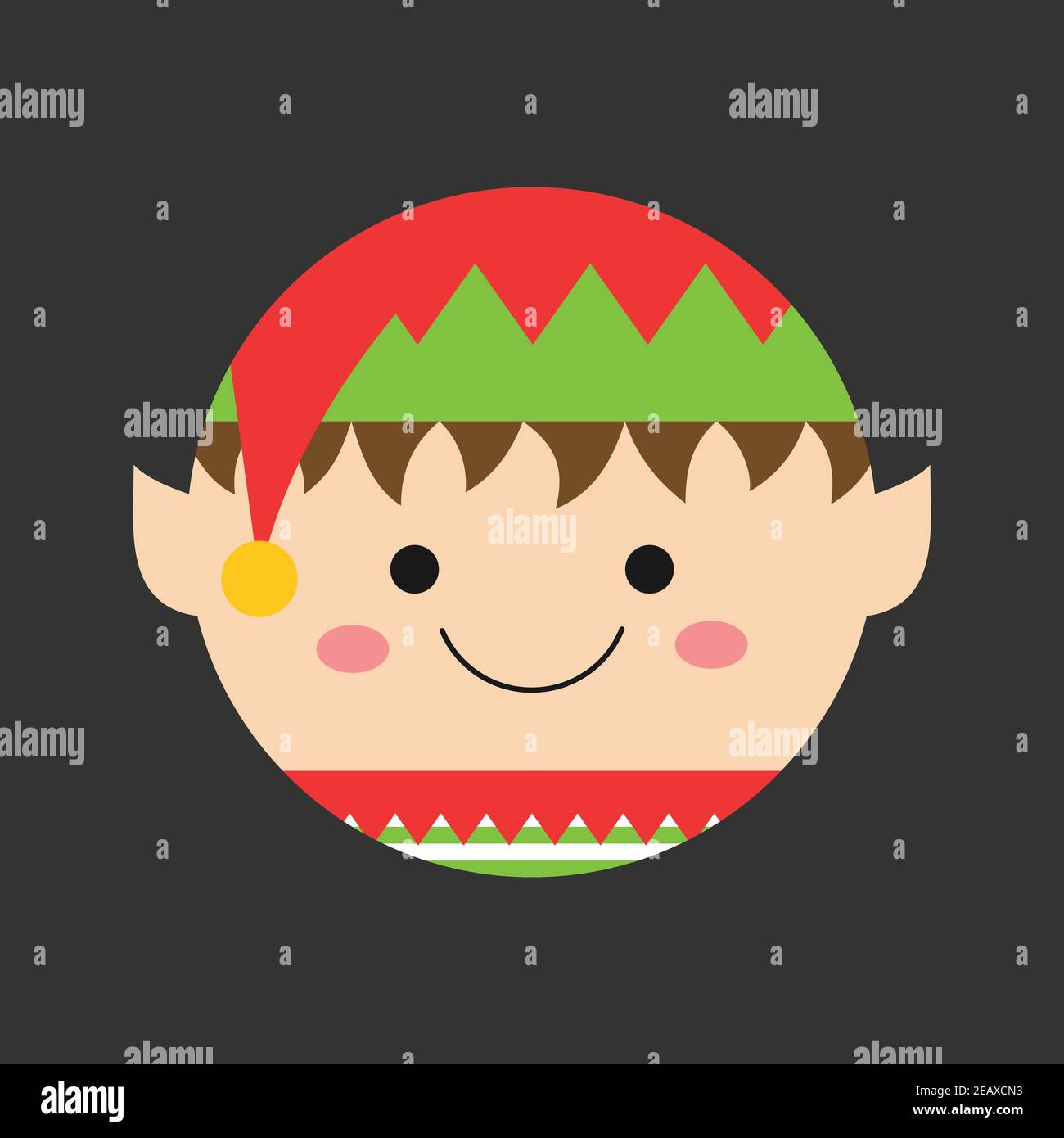 Cute xmas elf round head vector illustration icon, isolated on black ...