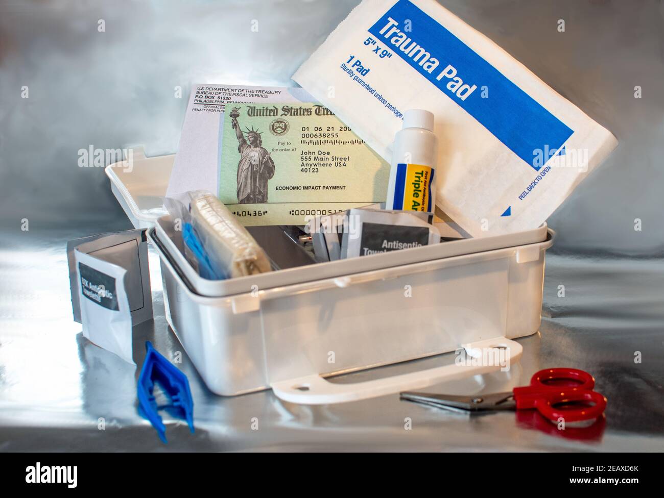 A stimulus check is not something you normally find in a first aid kit ...