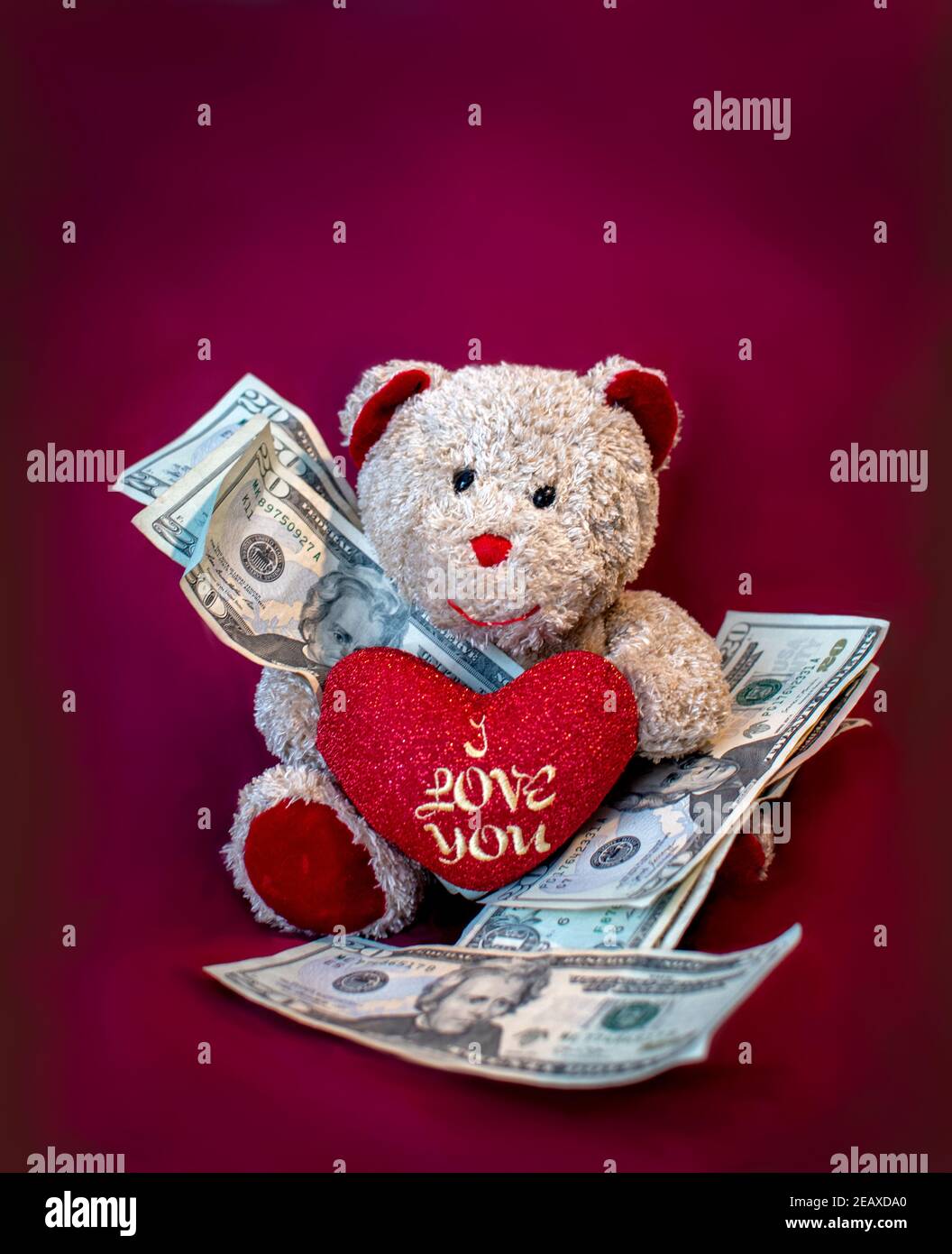 Stuffed bear holds cash to illustrate how expensive love is Stock Photo ...