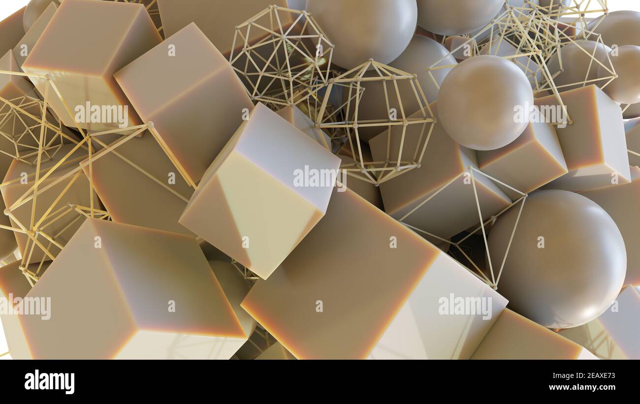 Abstract art of cubes, spheres and wireframe objects Stock Photo - Alamy