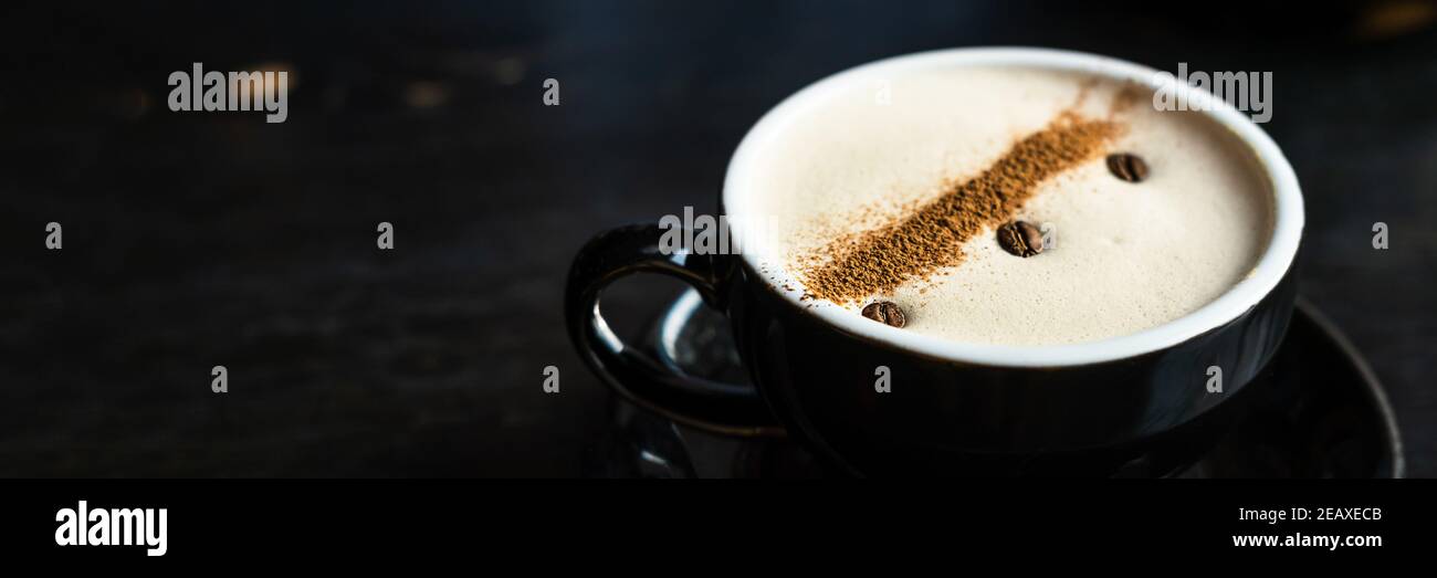 Horizontal banner with cup of coffee with beautiful art from coffee ...