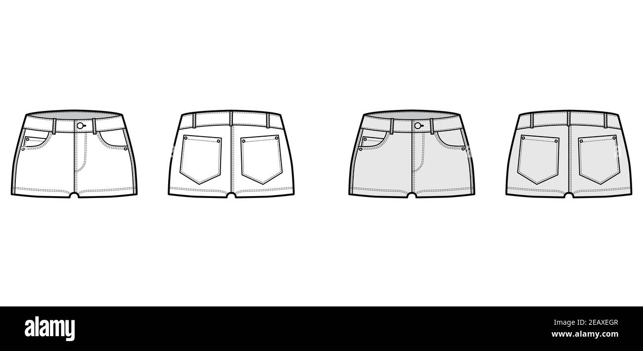 Denim hot short technical fashion illustration with micro length ...