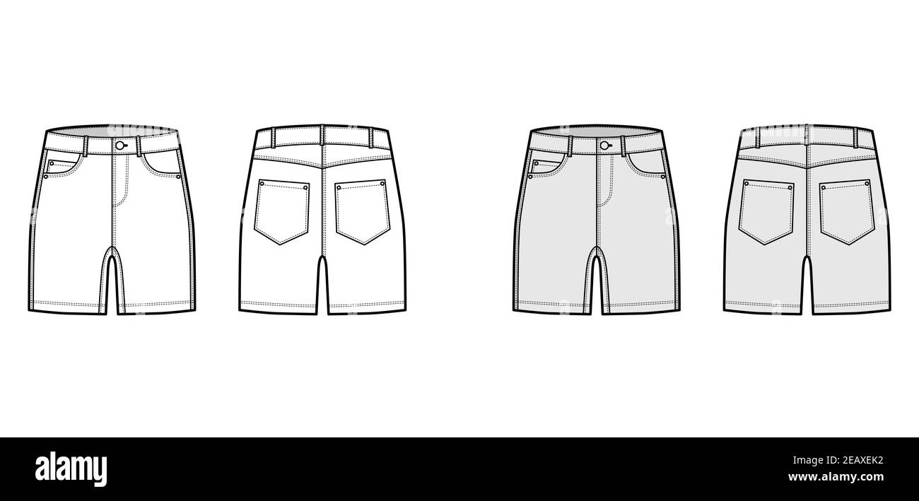 Denim short pants technical fashion illustration with mid-thigh length ...