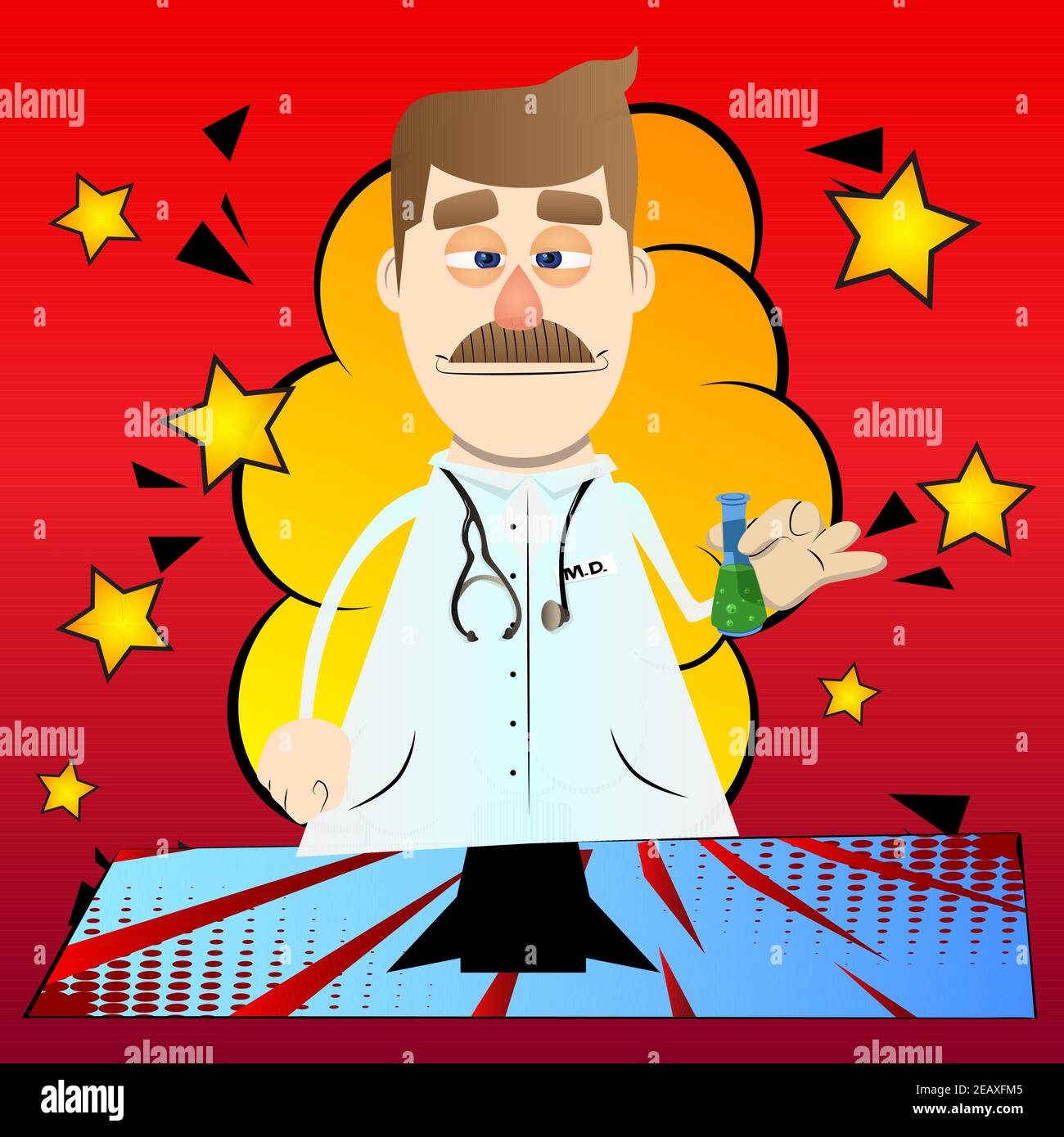 Funny cartoon doctor holding a test tube. Vector illustration. Medical ...