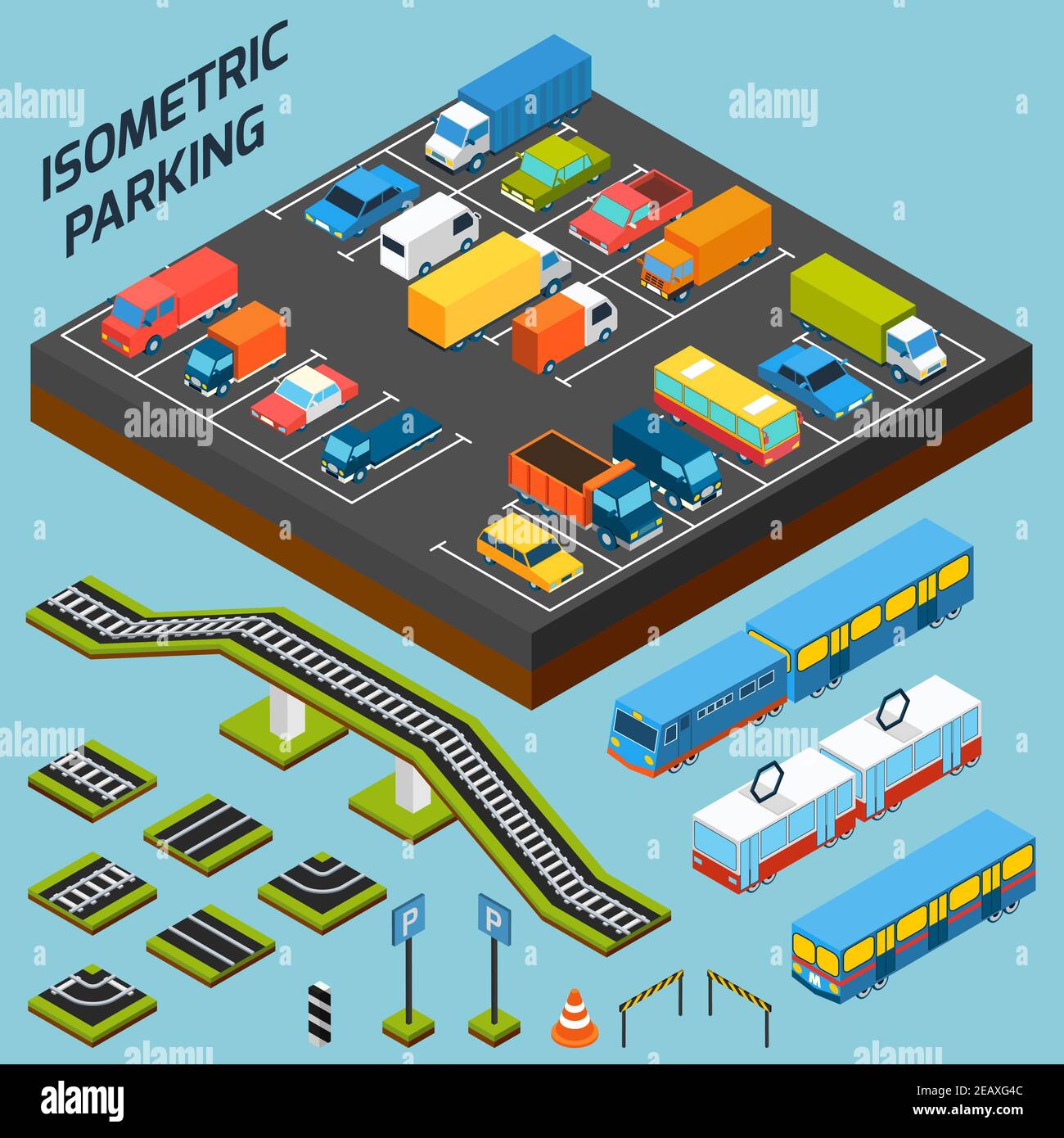 Isometric parking with 3d cars trucks and and buses elements isolated ...